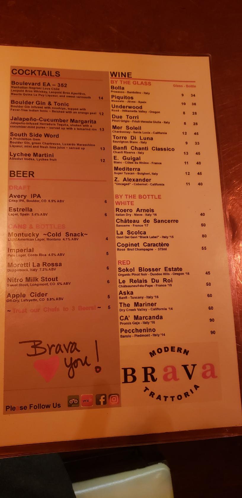 Menu at Brava Modern Trattoria restaurant, Glenwood Springs