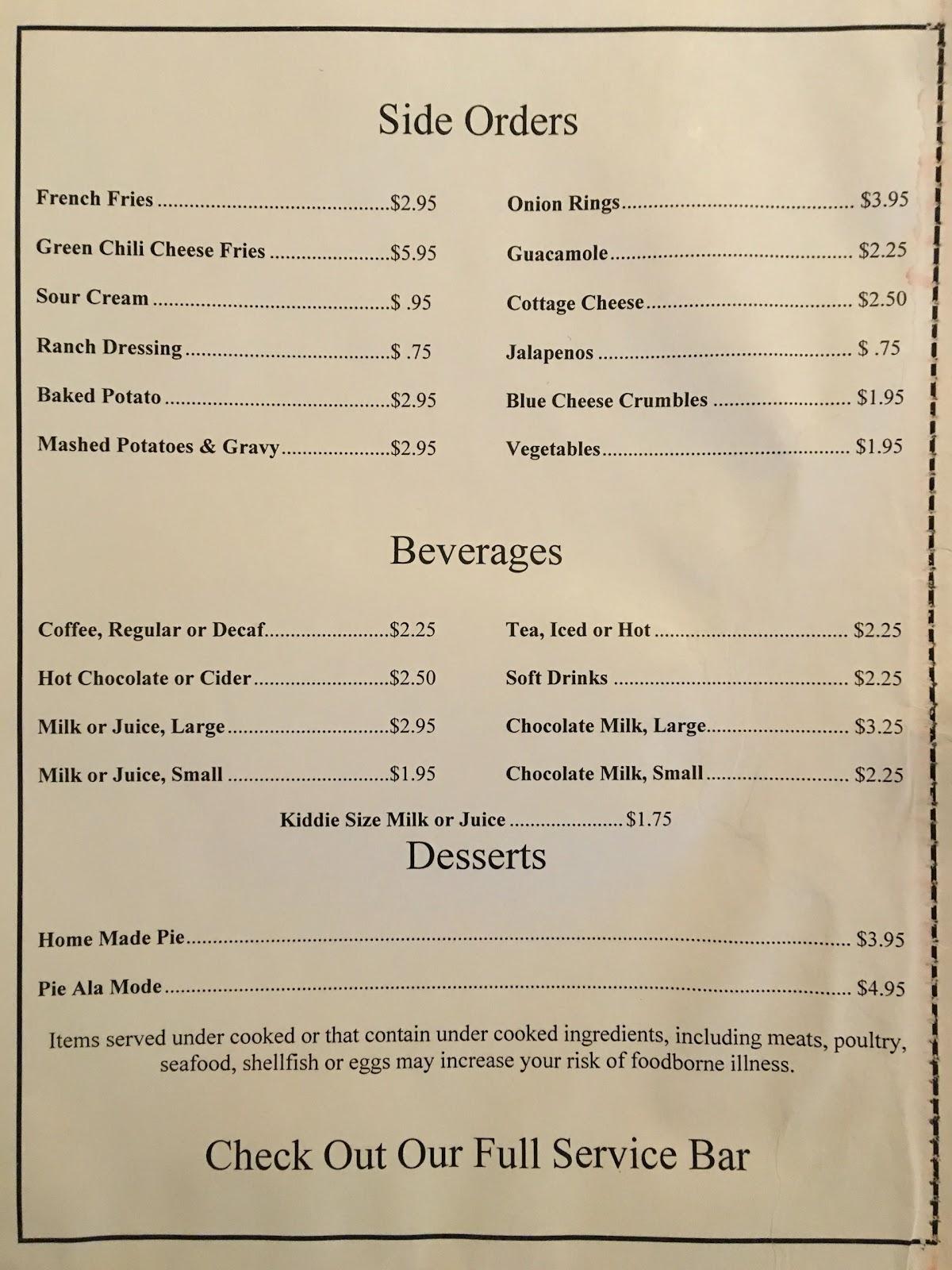 Menu at Jan's Restaurant, Buena Vista