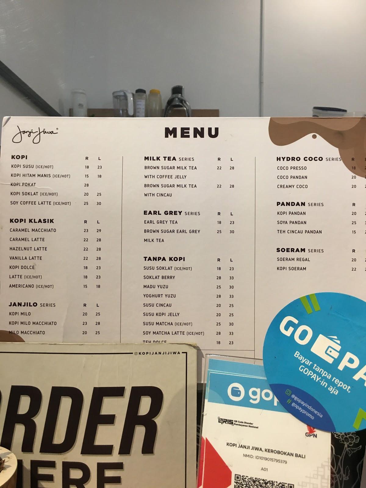 Menu at Kopi Janji Jiwa Kerobokan cafe, Mengwi