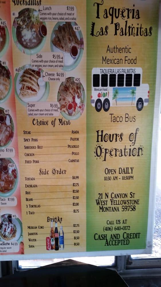 Menu at Las Palmitas restaurant, West Yellowstone, 21 N Canyon St