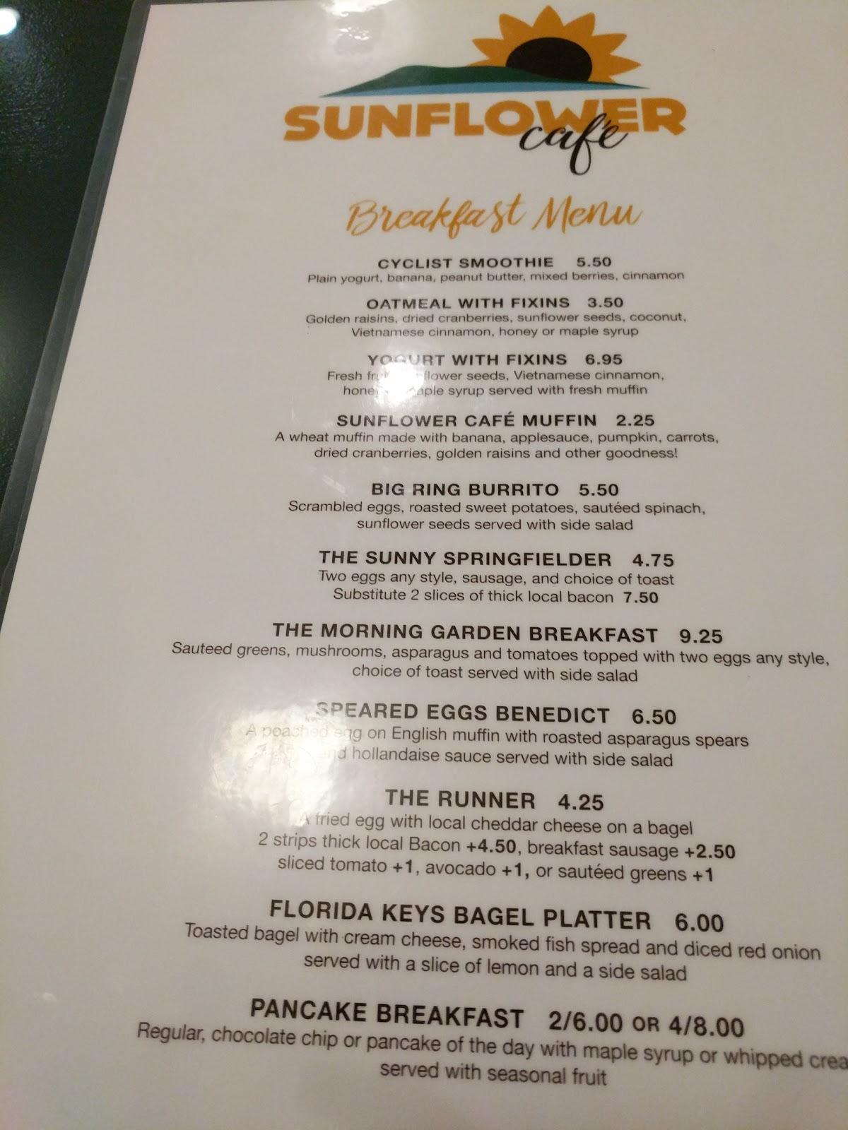 Menu at Sunflower Cafe, Springfield Center, A NY-80