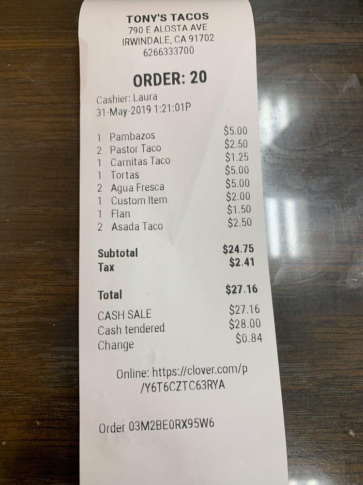 Menu at Tony's Tacos restaurant, Azusa