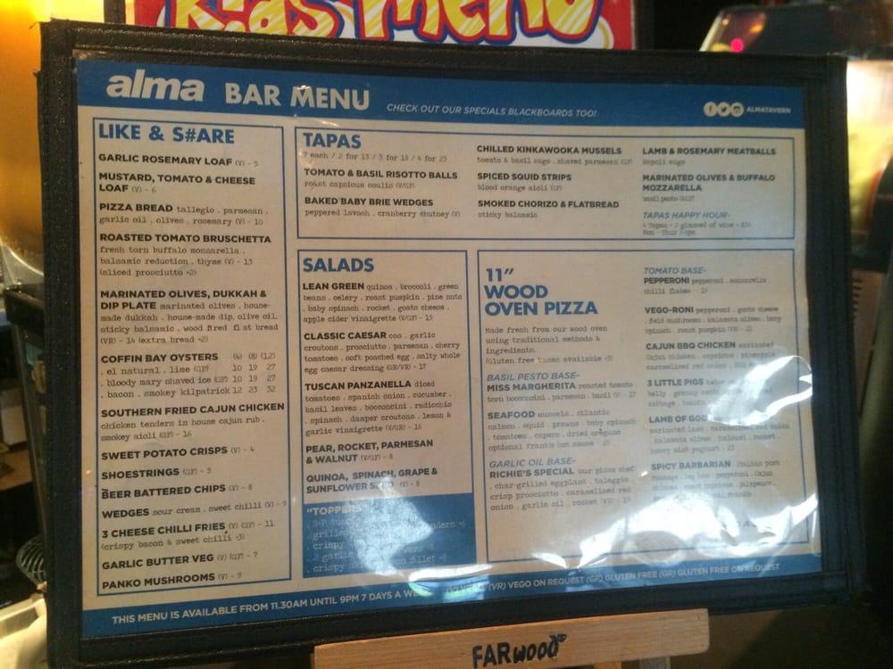 Menu at Alma Tavern restaurant, Norwood