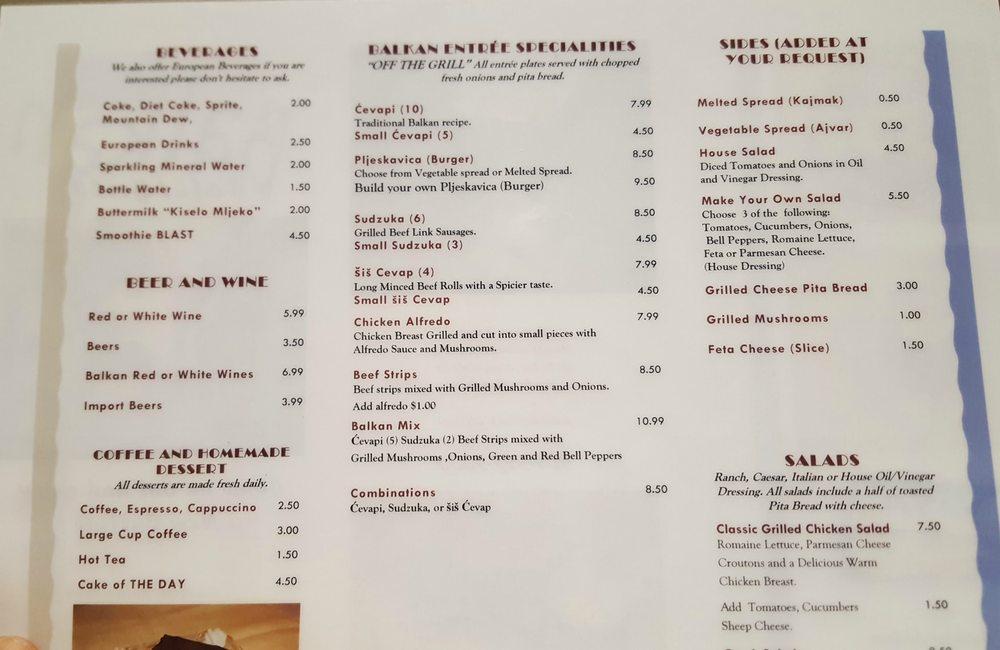 Menu at Balkan Cafe, Jacksonville