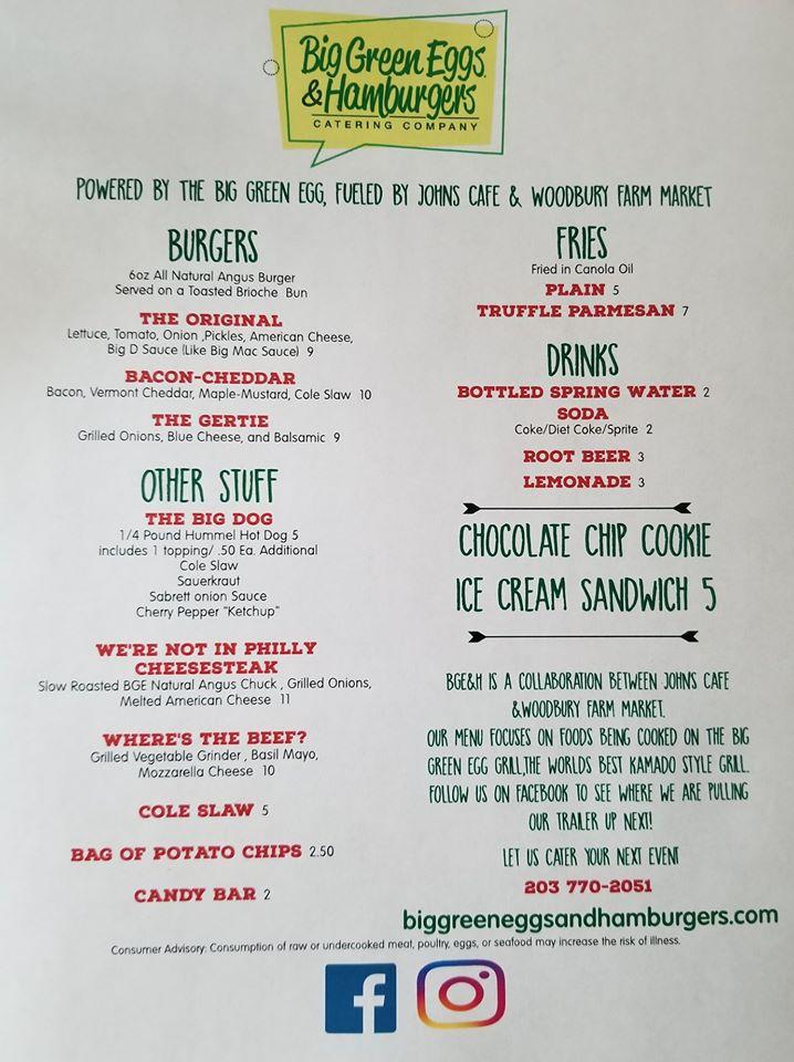 Menu at Big green eggs and hamburgers restaurant, Woodbury, 693 Main St ...
