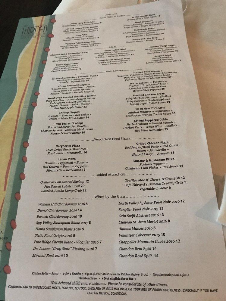 Menu at Cafe Thirty-A, Seagrove Beach, E County Hwy 30A