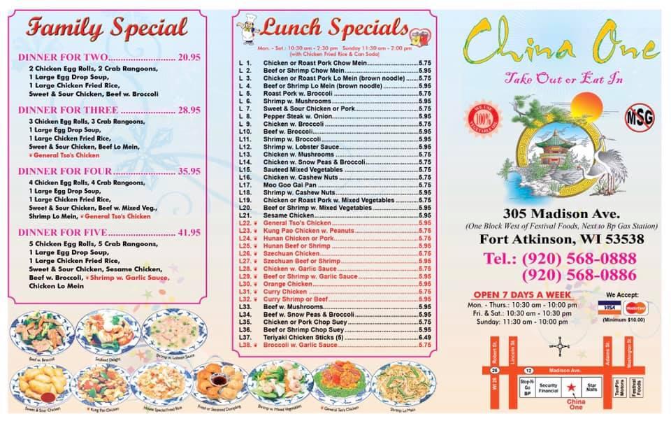 Menu at China One LLC restaurant, Fort Atkinson
