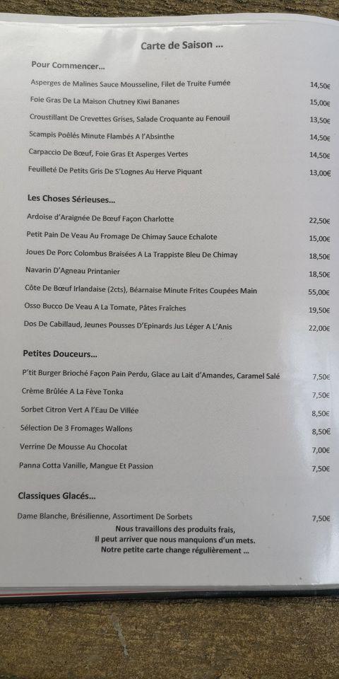Menu at La Charlotte, Chimay