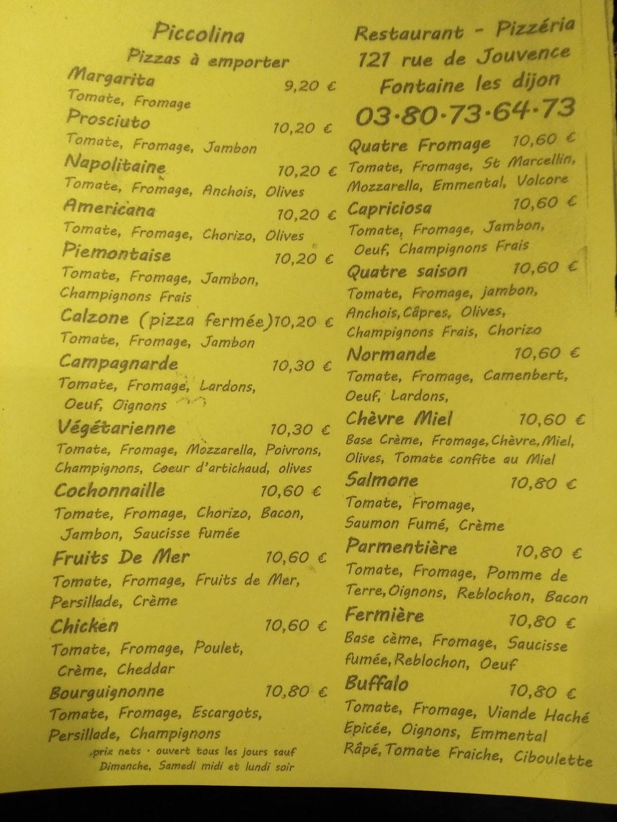 Menu au La Piccolina pizzeria, Fontaine-lès-Dijon