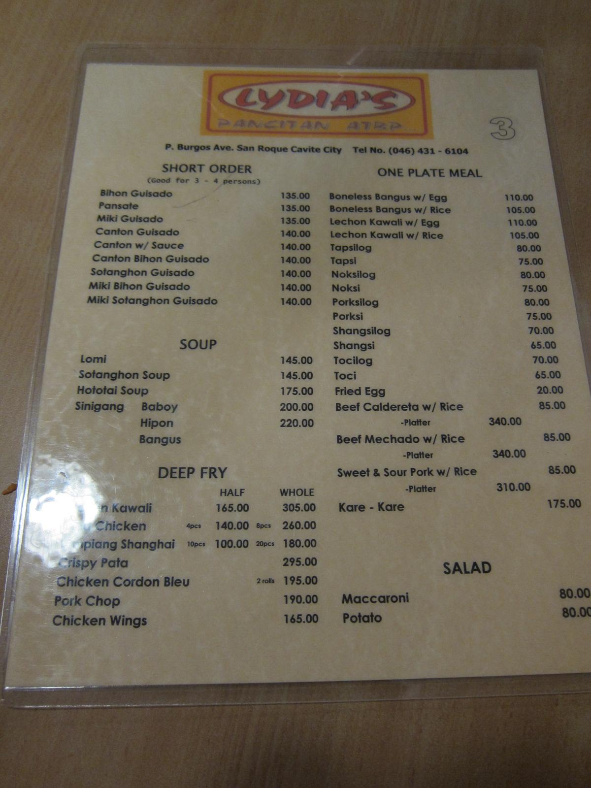 Menu at Lydia's Pancitan Atbp. restaurant, Noveleta, CVGJ+PP9