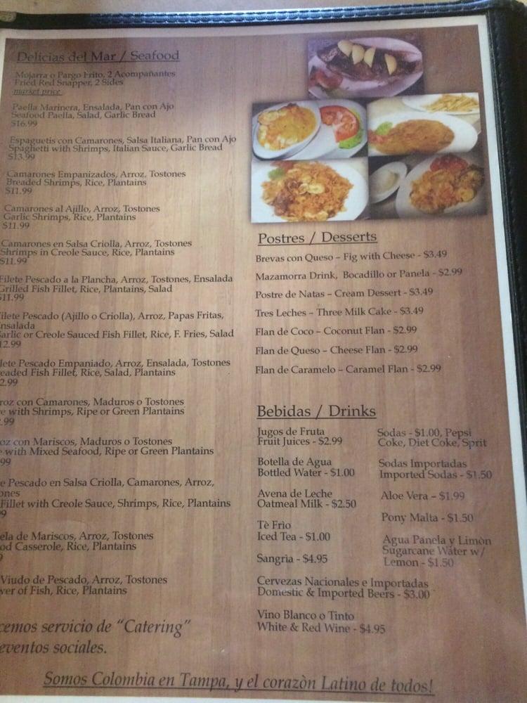 Menu at Mi Bandera restaurant, Tampa