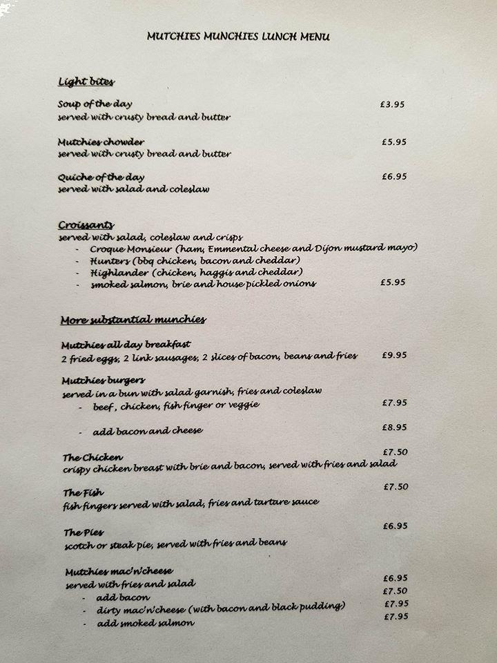Menu at Mutchies Munchies cafe, Moffat