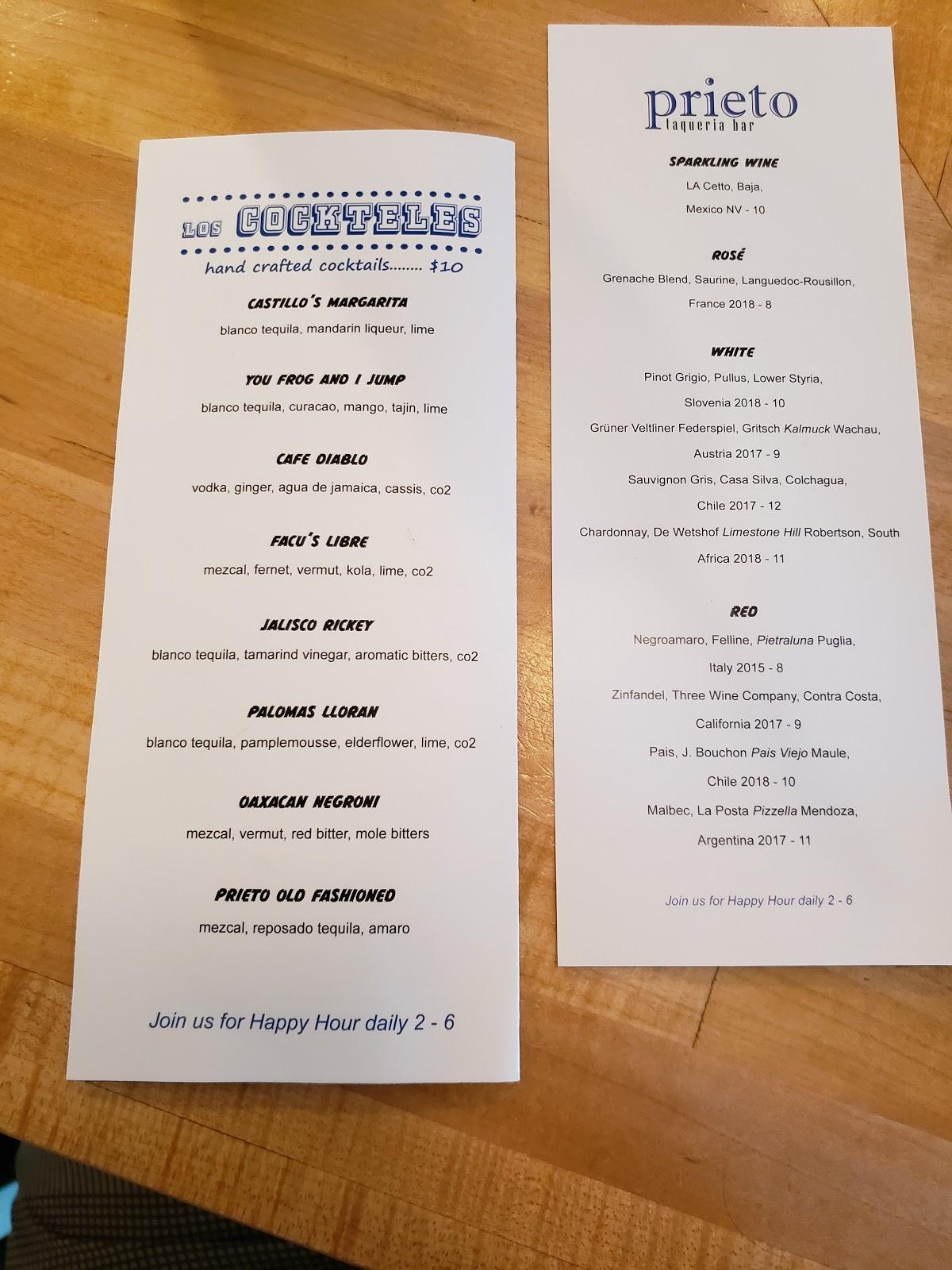 Menu at Prieto Taqueria Bar, Minneapolis, Nicollet Ave