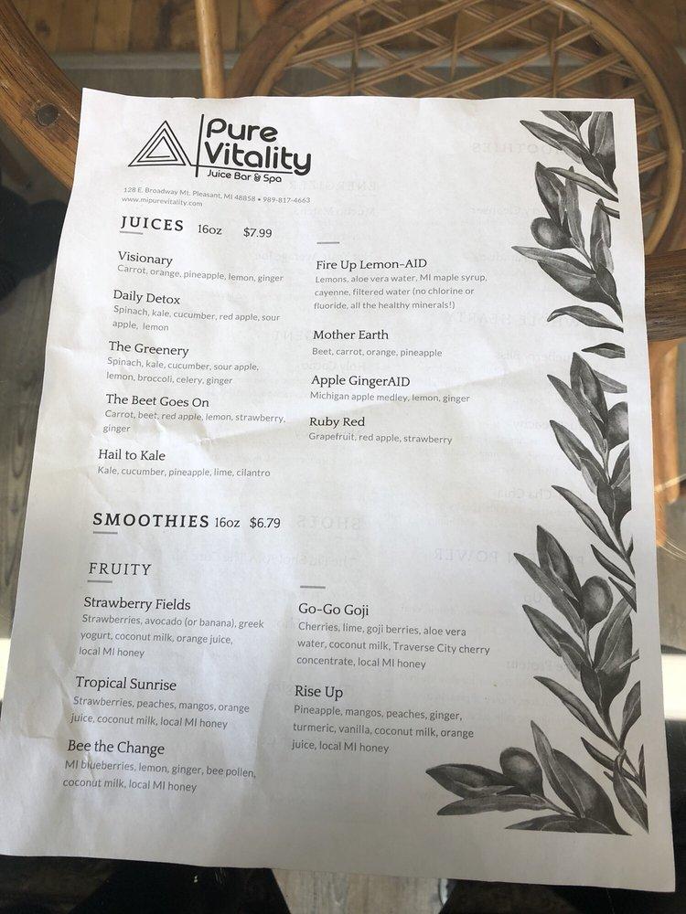 Menu at Pure Vitality pub & bar, Mount Pleasant
