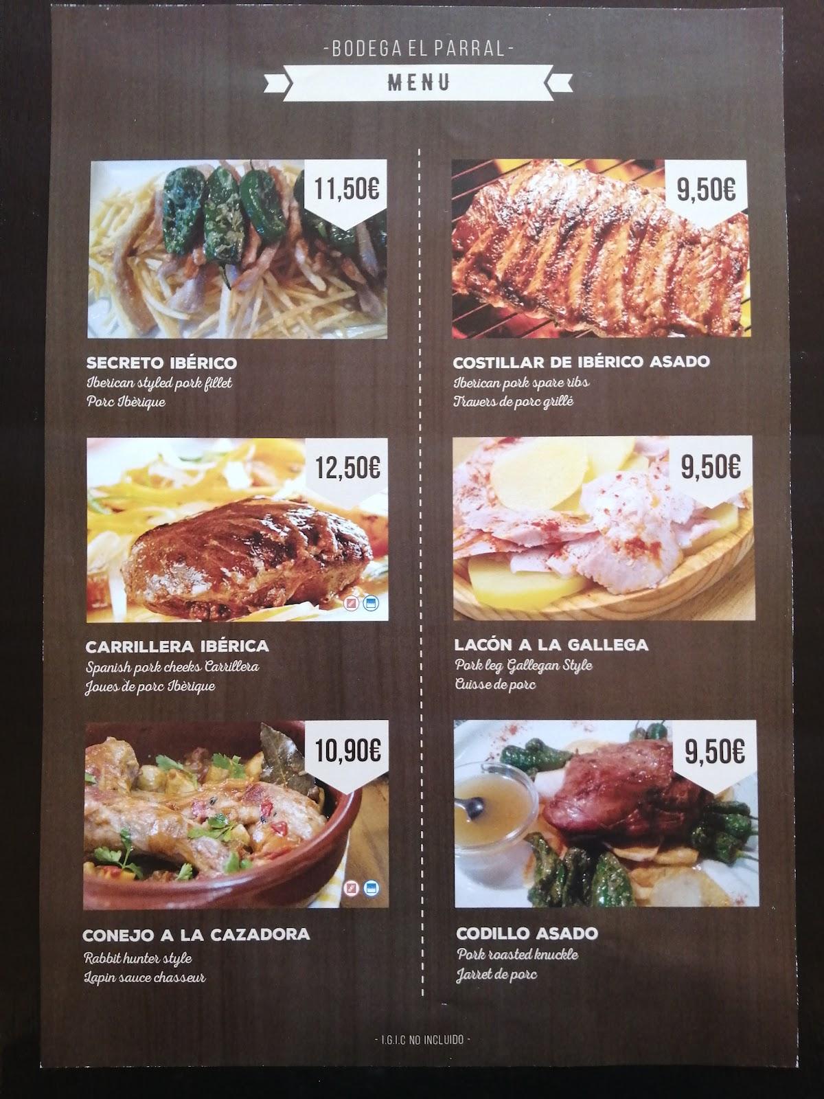 Menu at Bodega el Parral restaurant, Los Cristianos