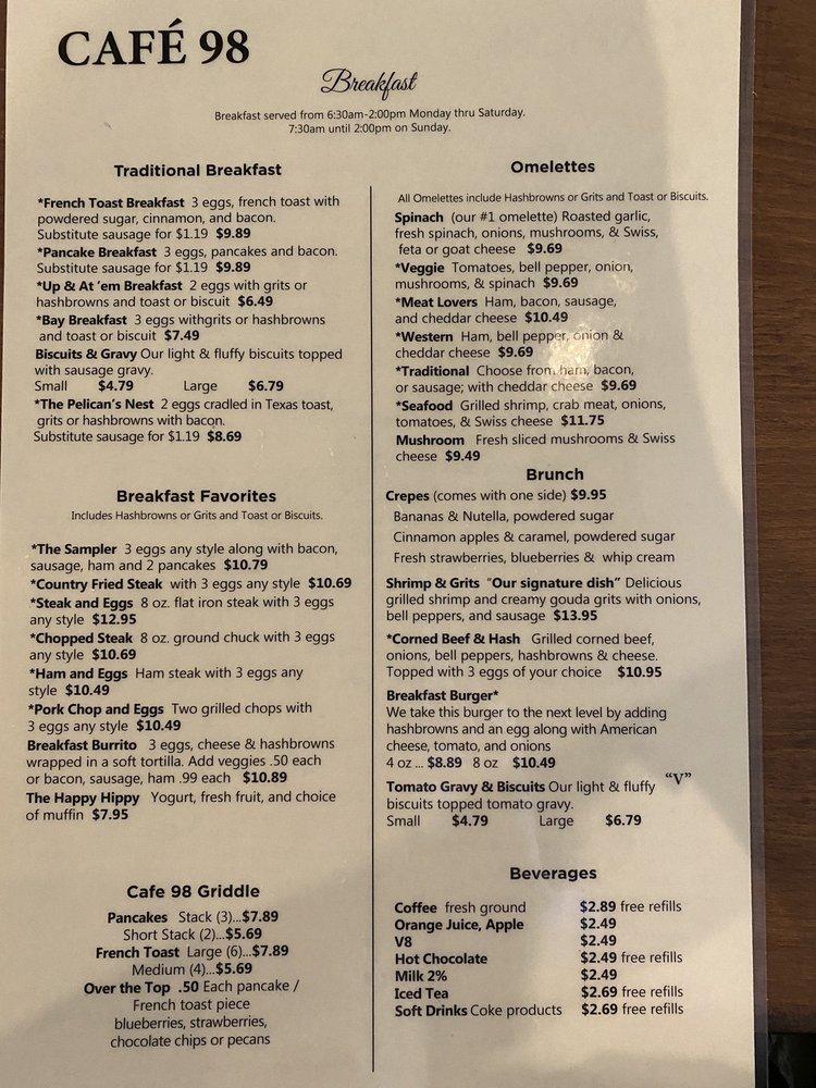 Menu at Cafe 98, Fairhope