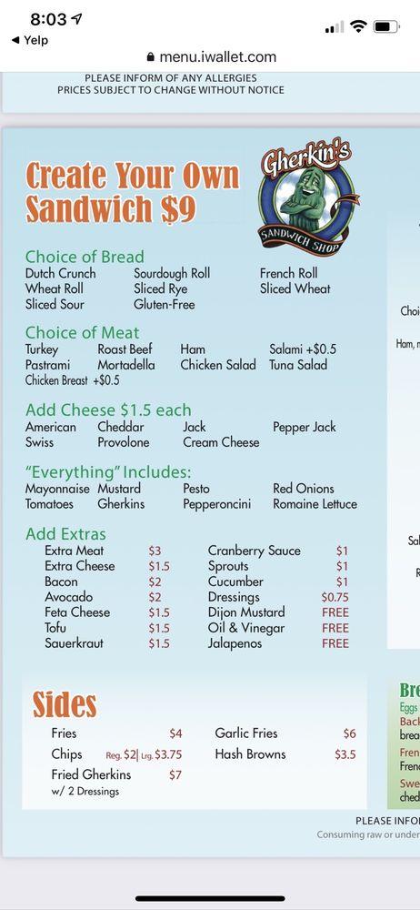 Menu at Gherkin's Sandwich Shop fast food, Montara