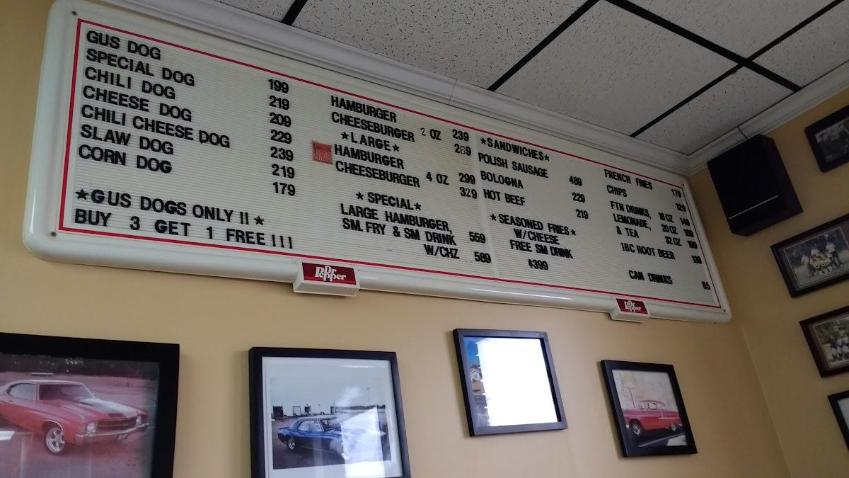 Menu at Gus's Hot Dogs restaurant, Hueytown, 224 Brooklane Dr