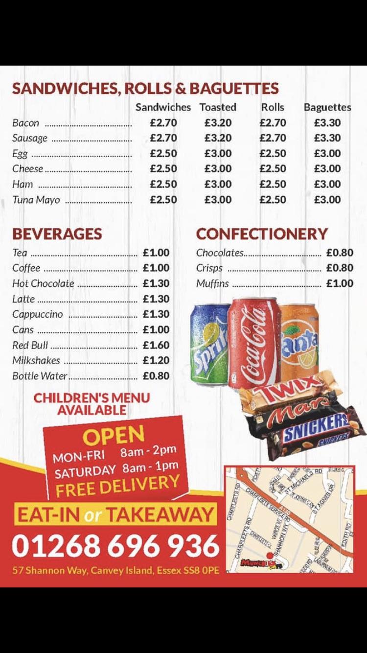 Menu at Munchies cafe, Canvey Island, 57 Shannon Way