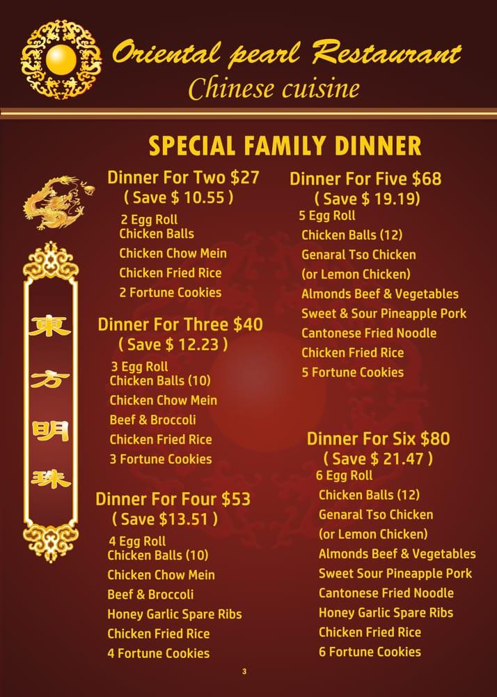 Menu at Oriental Pearl restaurant, Fredericton