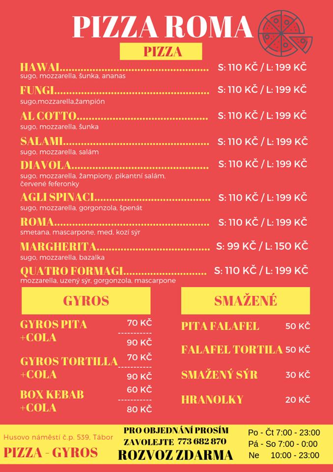 Menu at PIZZA ROMA Tábor restaurant, Tabor, Husovo nám. 539