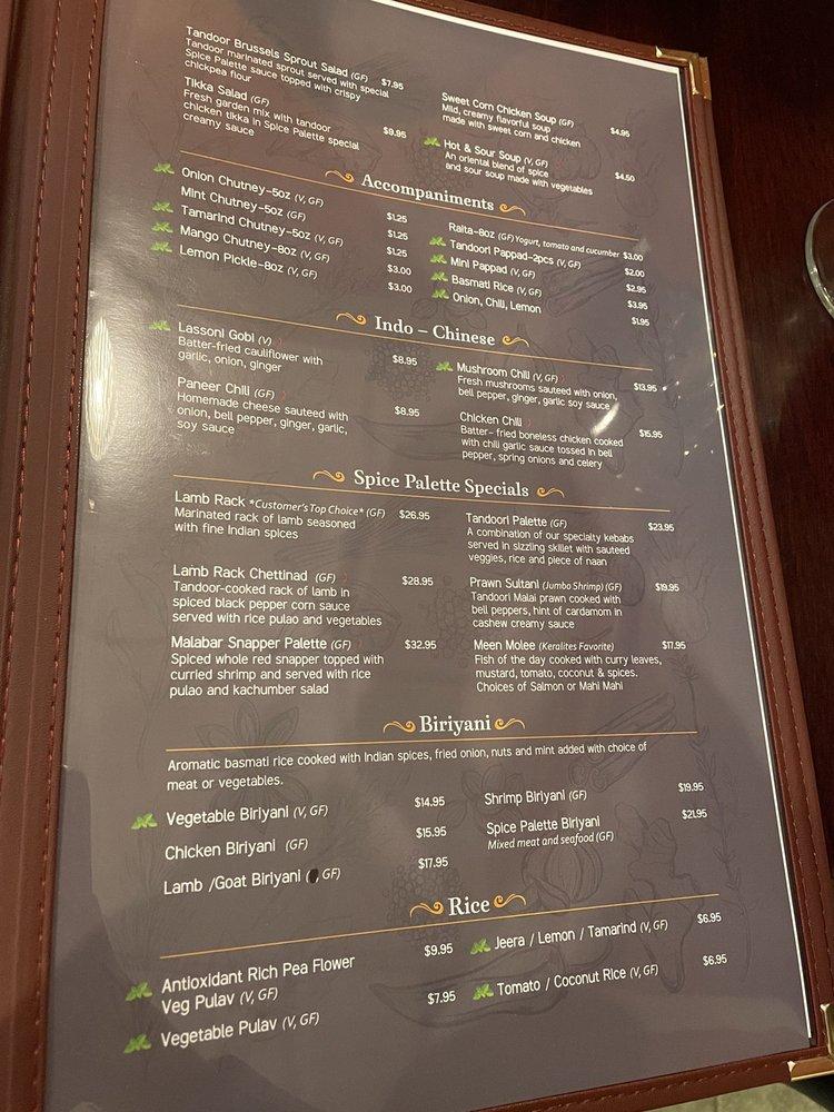 Menu at The Spice Palette Indian Cuisine restaurant, New London
