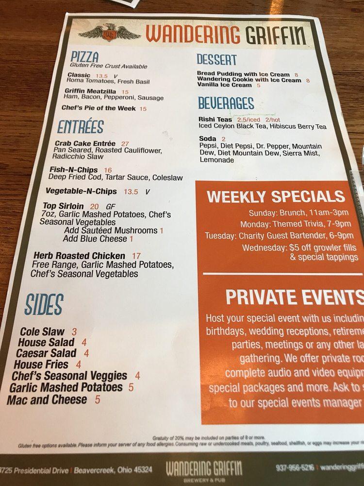 Menu at Wandering Griffin Brewery & Restaurant, Beavercreek