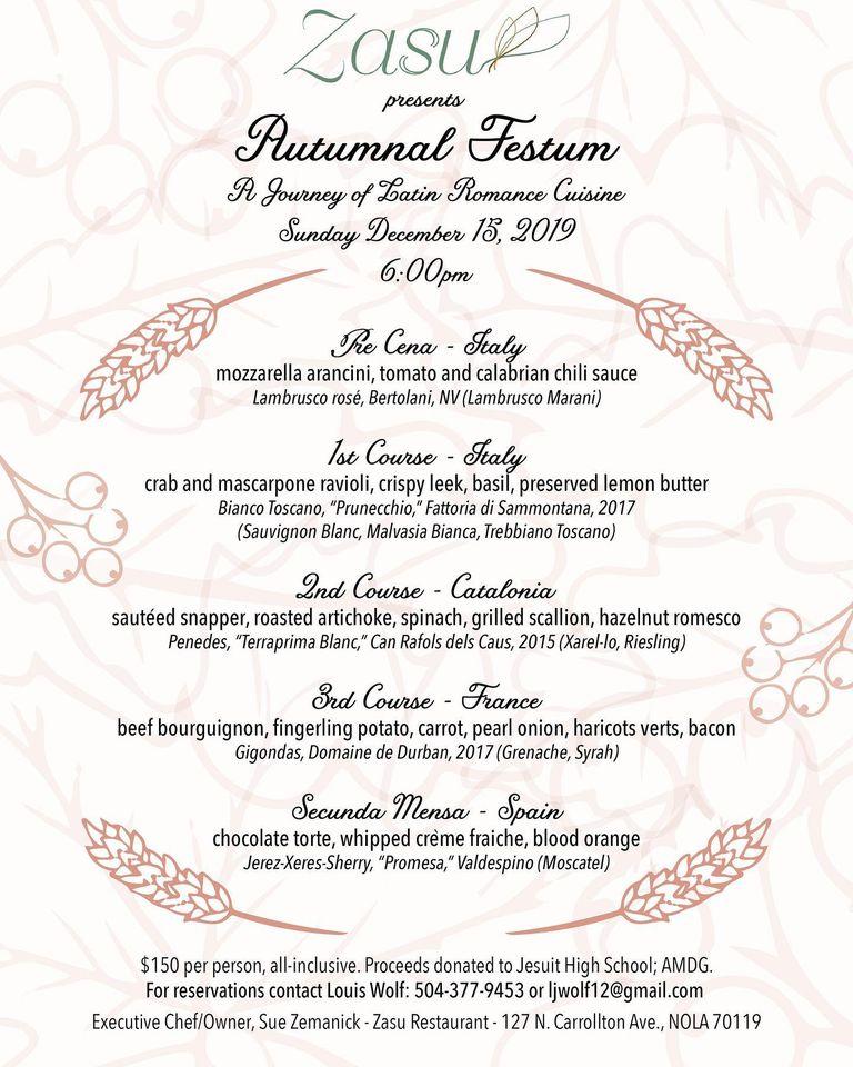 Menu at Zasu restaurant, New Orleans