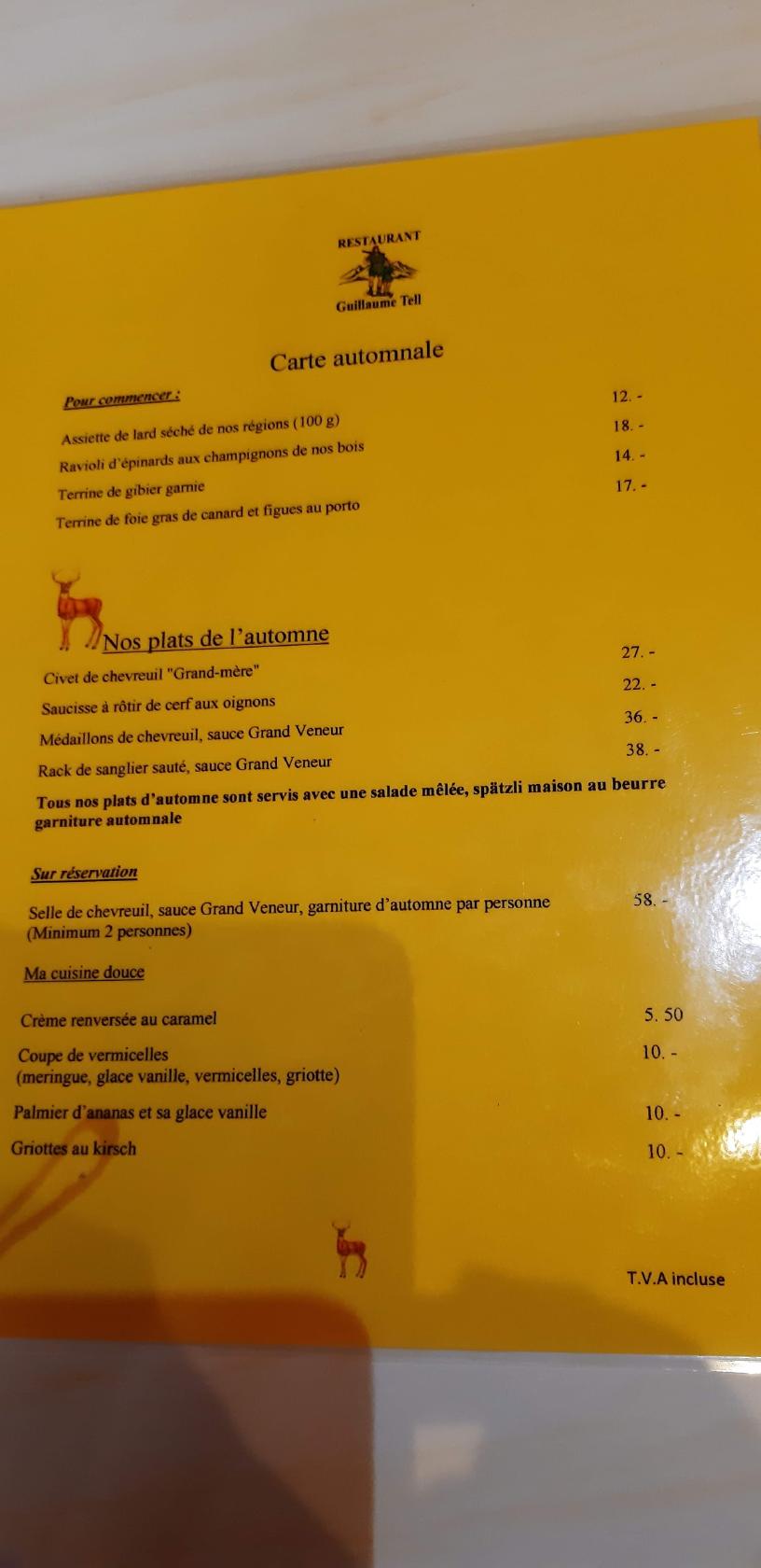 Menu au Auberge Guillaume Tell, Villaz-Saint-Pierre