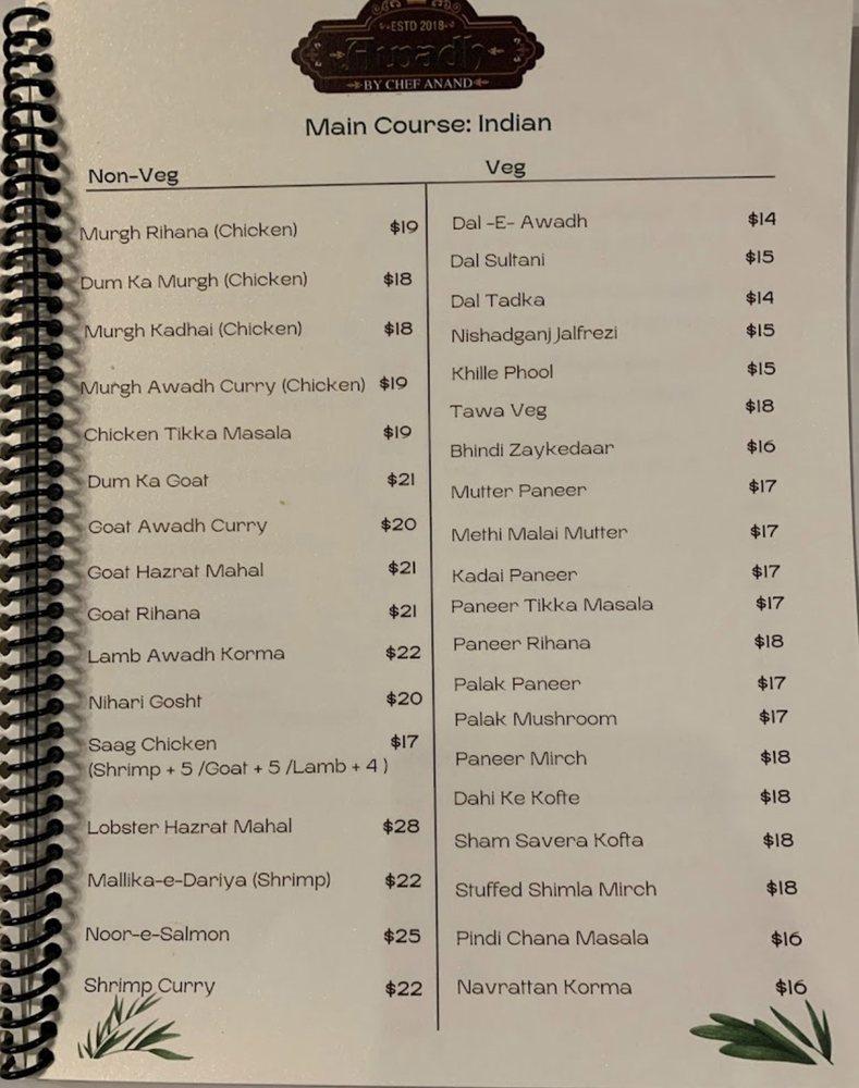 Menu at Awadh By Chef Anand restaurant, Powell