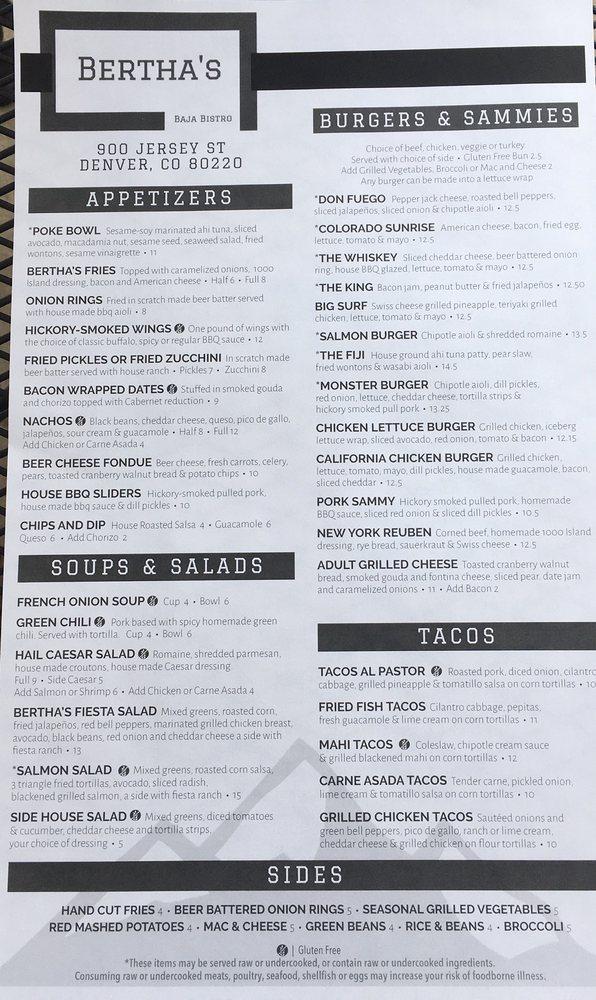 Menu at Bertha's Baja Bistro restaurant, Denver