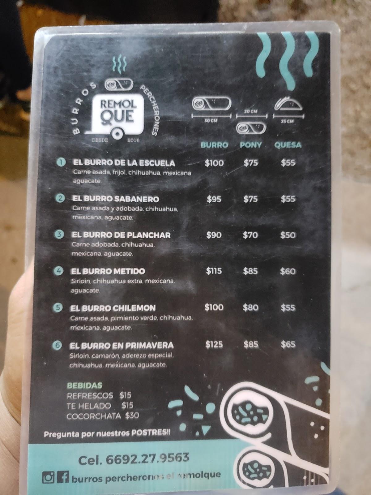Menu at Burros Percherones El Remolque restaurant, Mazatlán