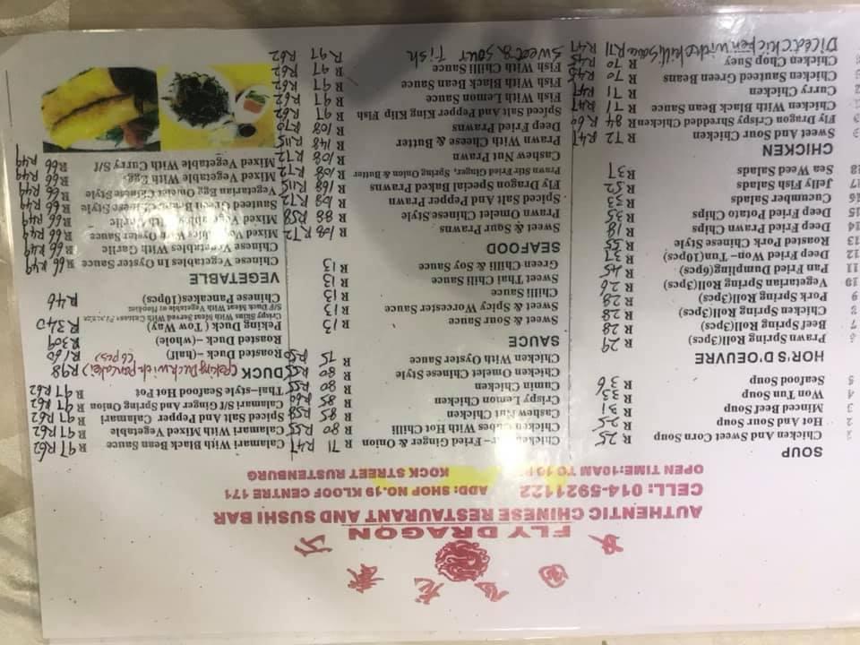 Menu at Fly Dragon restaurant, Rustenburg