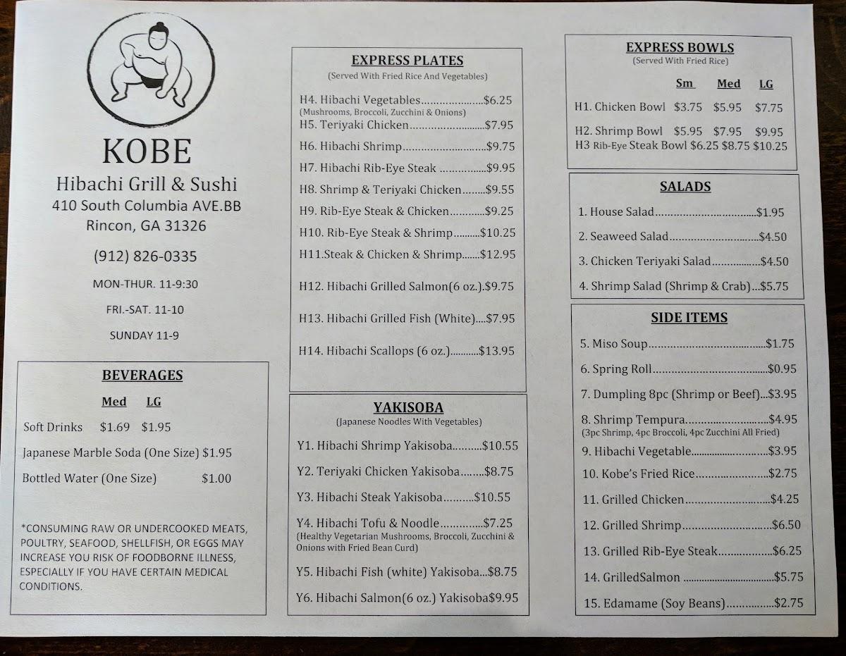 Menu at Kobe Hibachi Grill & Sushi restaurant, Rincon