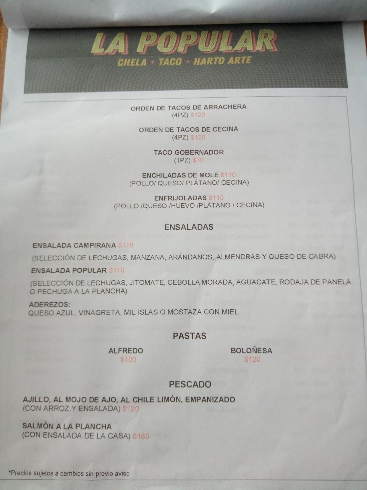 Carta del restaurante La Popular, Xalapa Enríquez