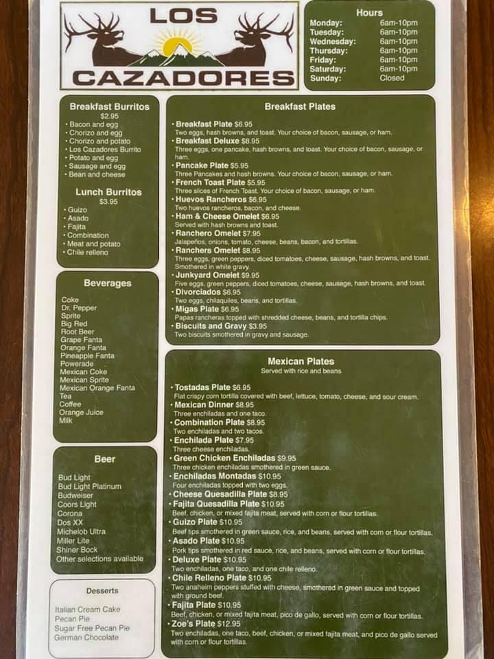 Menu at Los Cazadores restaurant, Big Lake