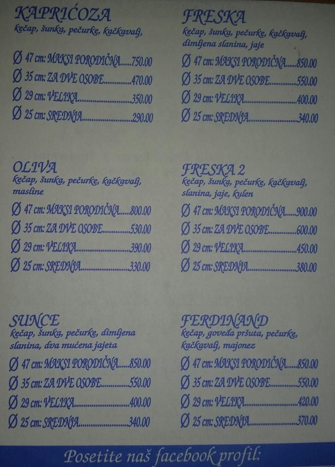 Menu at Picerija Freska Paracin pizzeria, Paraćin