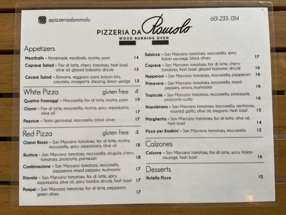 Menu at Pizzeria da Romolo, Ottawa