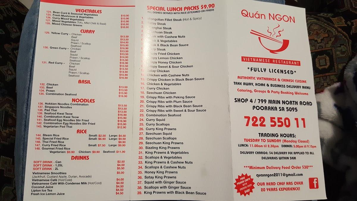 Menu at Quan Ngon restaurant, Pooraka