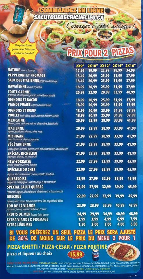 Menu au Restaurant Salut Québec, Richelieu