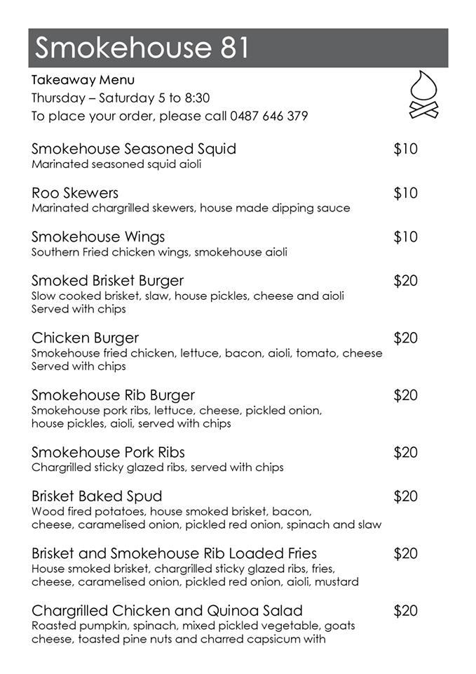 Menu at Smoke House 81 restaurant, Rosedale