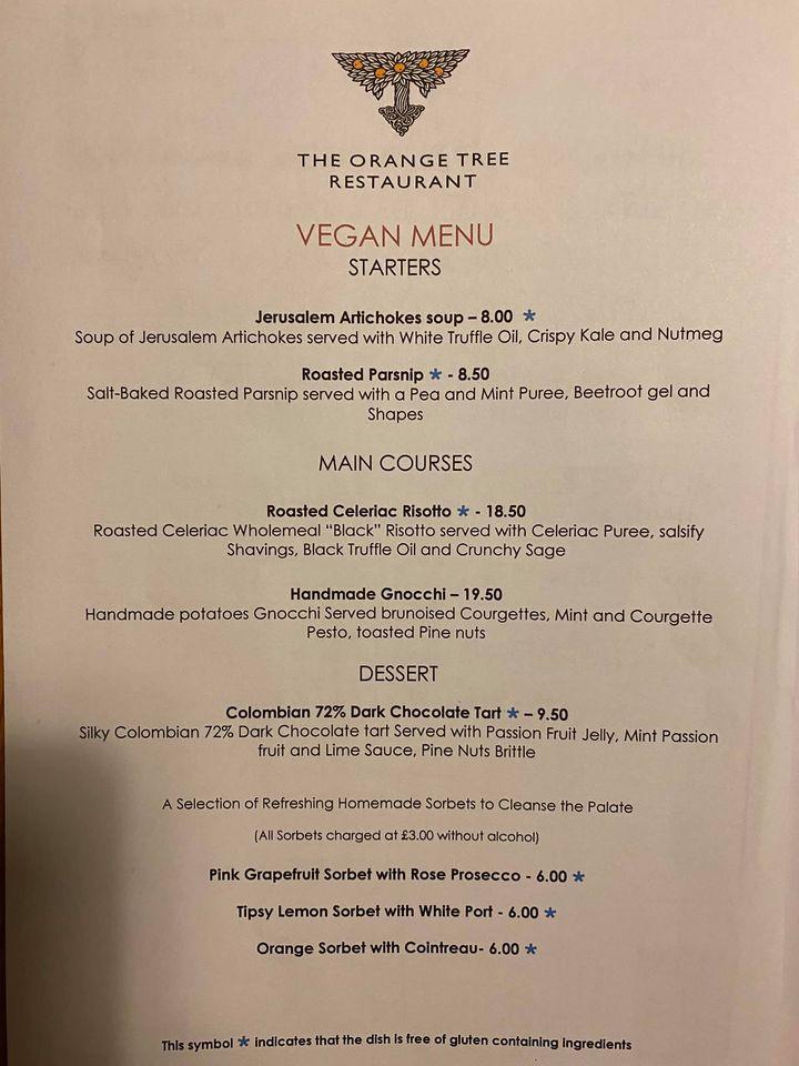 Menu at The Orange Tree Restaurant, Torquay