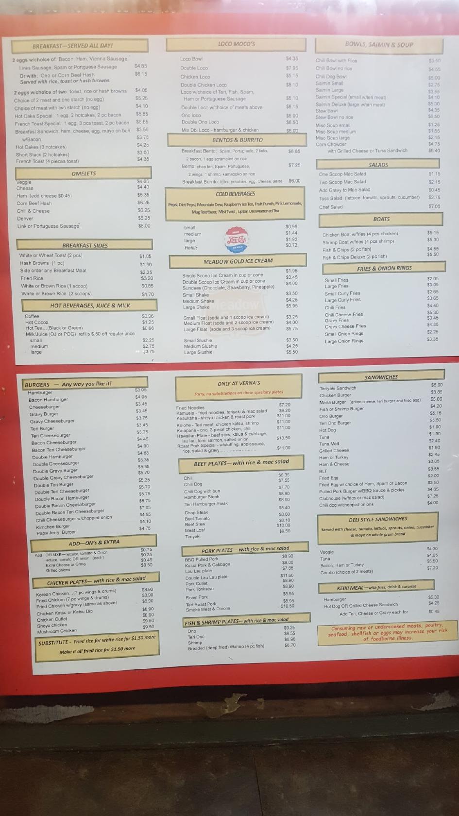 Menu at Verna's Drive In restaurant, Hilo