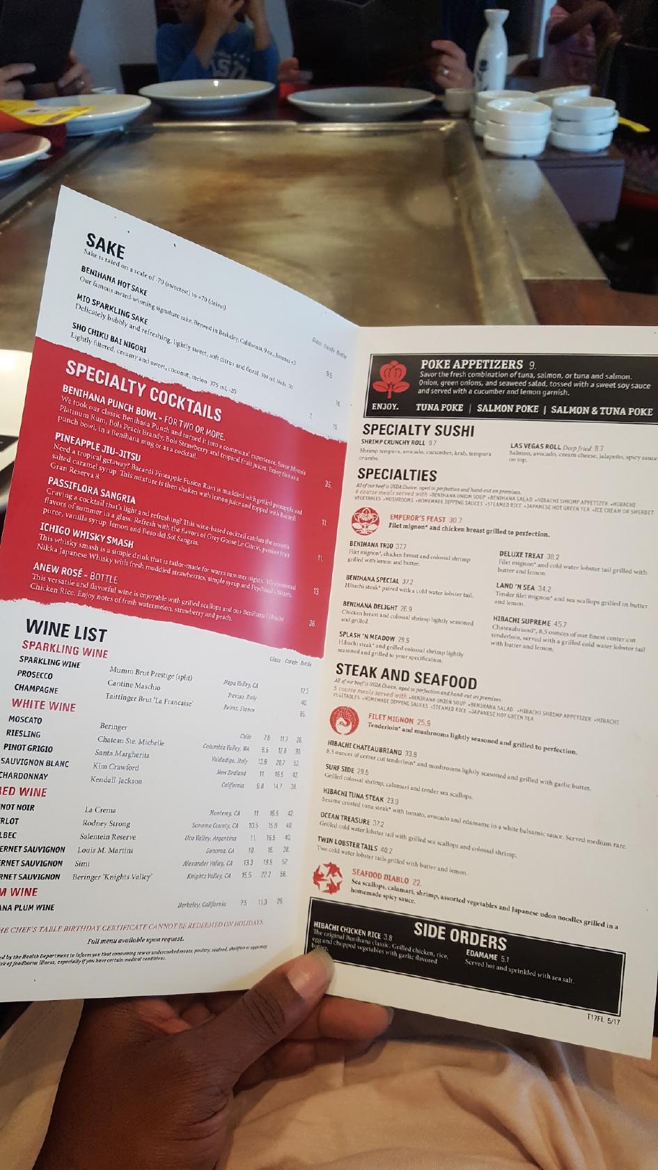 Menu at Benihana restaurant, Lauderdale-by-the-Sea