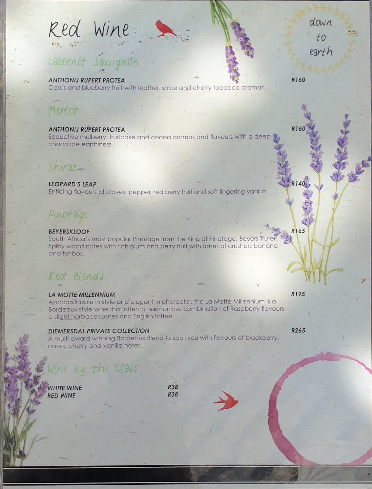 Menu at Down to Earth restaurant, Plettenberg Bay