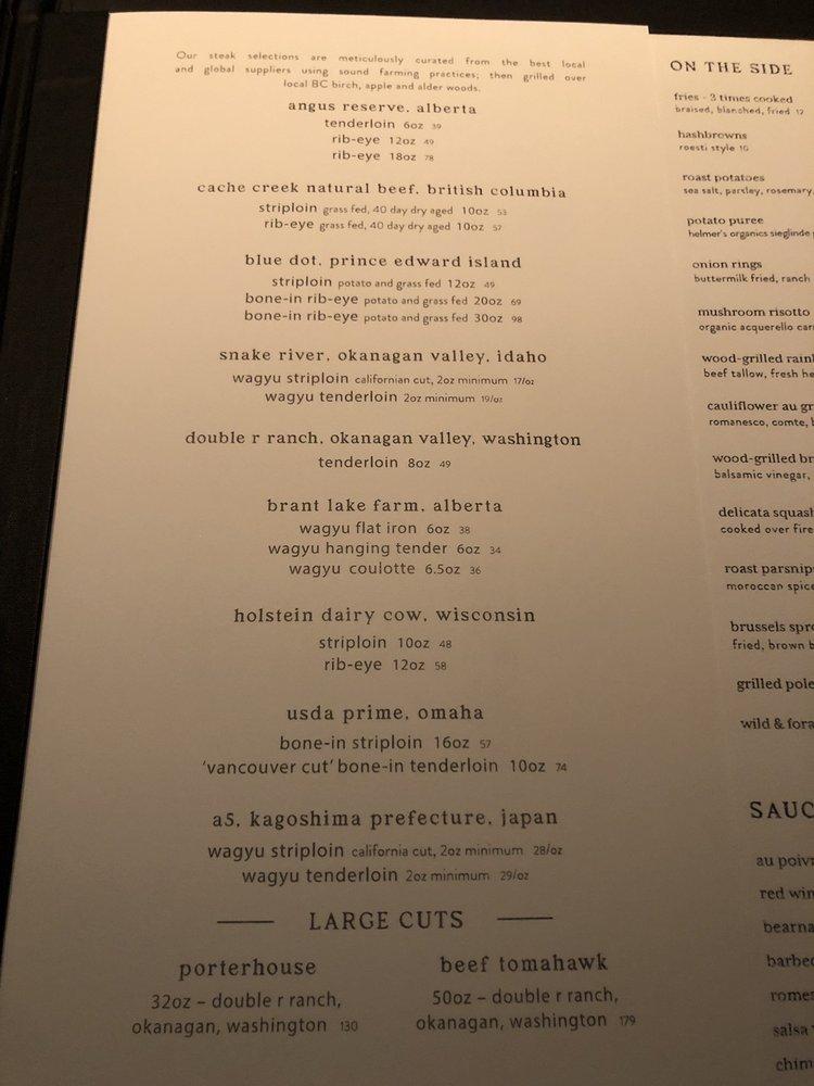 Menu at Elisa steakhouse, Vancouver