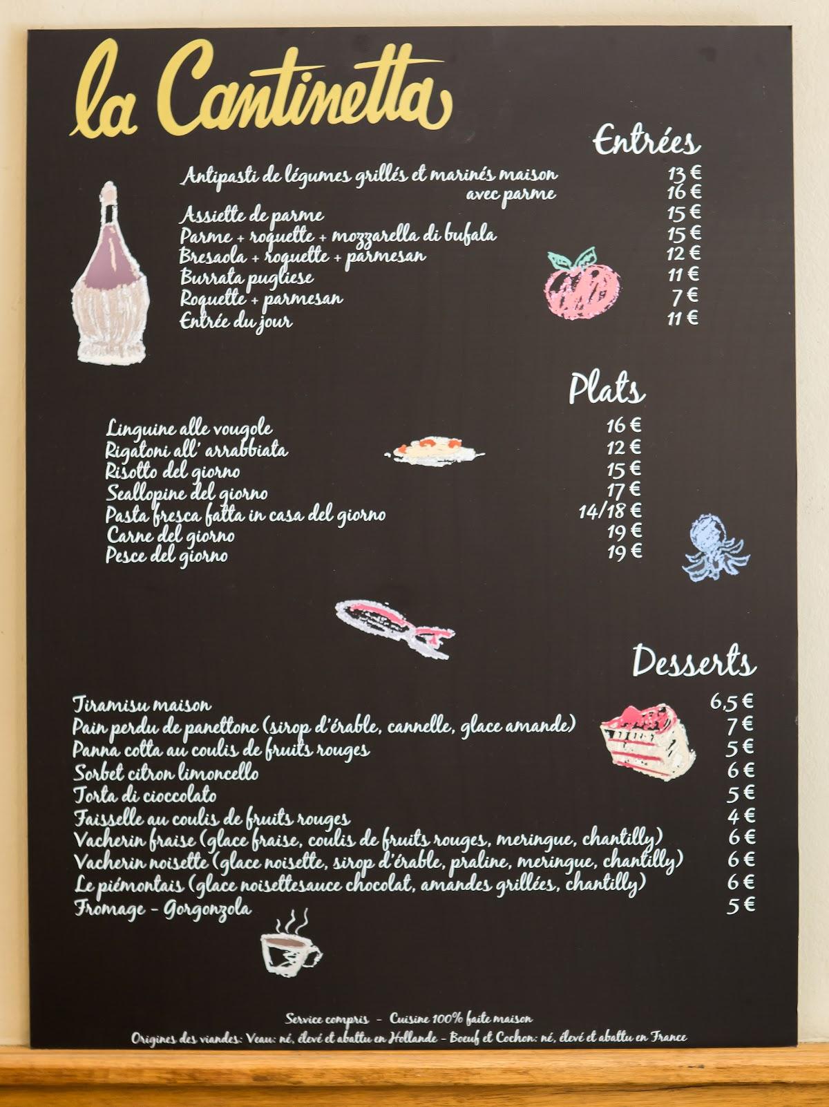 Menu at La Cantinetta restaurant, Marseille