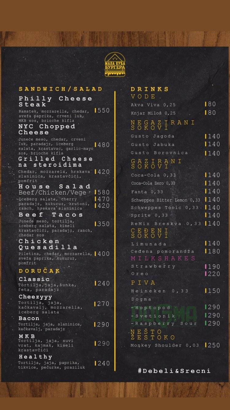 Carta del restaurante Mala Kuća Burgera, Mladenovac