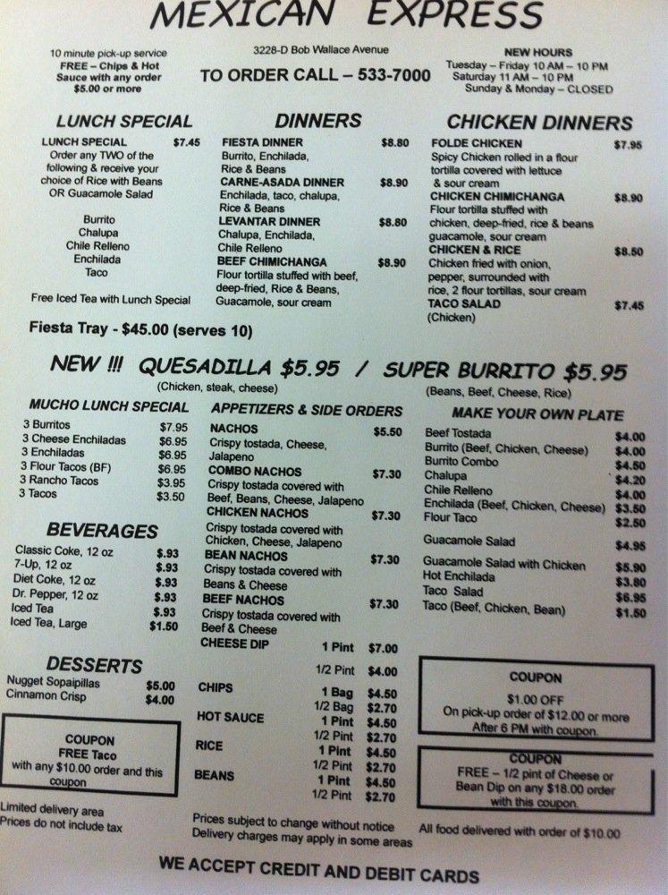 Menu at Mexican Express fast food, Huntsville, Bob Wallace Ave SW