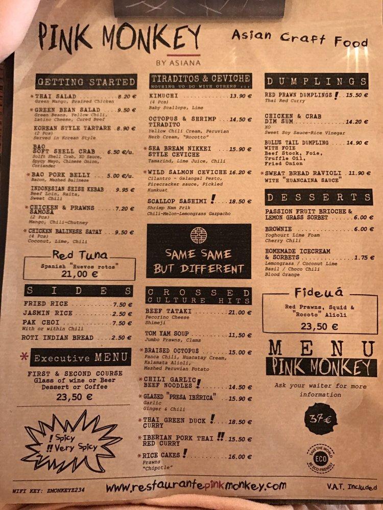 Menu at Pink Monkey restaurant, Madrid